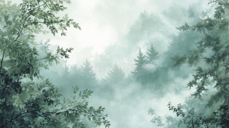 Misty Green Forest Landscape Painting Stock Illustration - Illustration ...