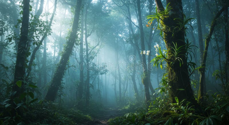 Misty Green Forest Path Sunlight Tropical Jungle Stock Illustration ...