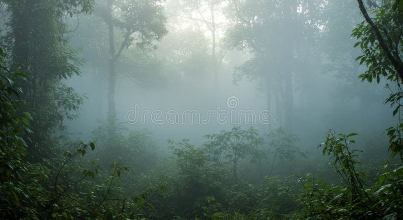 Misty Green Forest with Sunlight Streaming through Stock Illustration ...