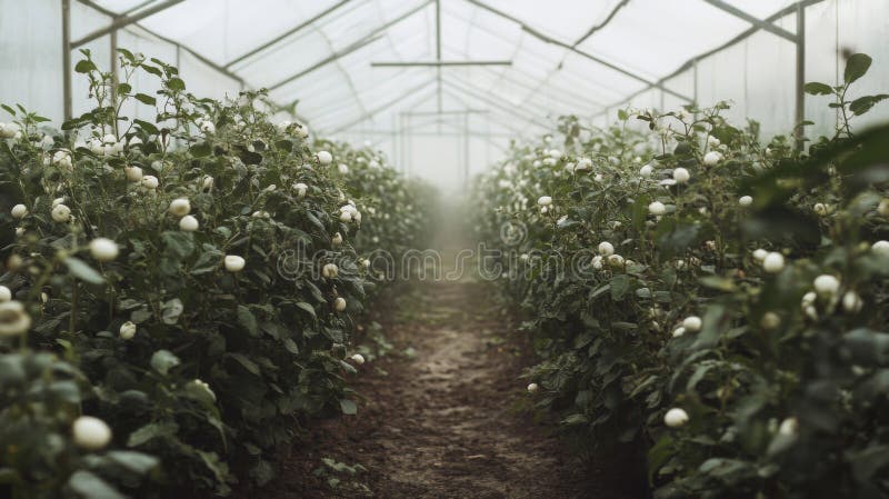 Misty Greenhouse with Rows of White Roses Stock Illustration ...