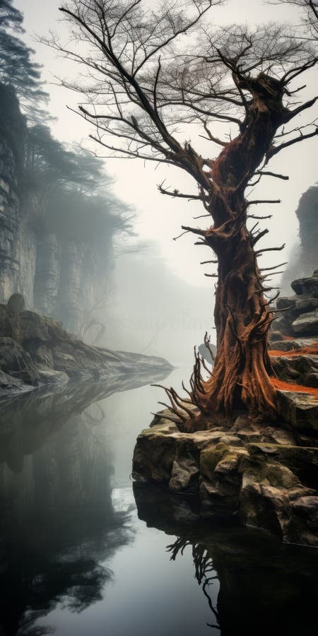 Misty Hillside: a Surreal Post-apocalyptic Tree Tripped by a River ...