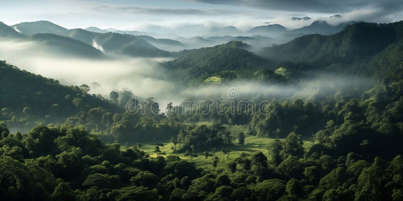Misty Hilly Natural Landscape with Virgin Rainforest Stock Illustration ...