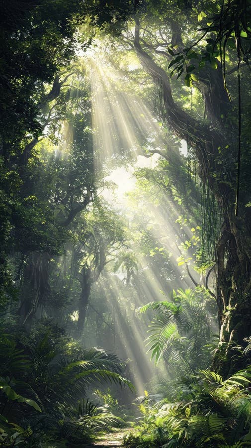 Misty Jungle Scene with Ancient Trees and Sunlight Stock Illustration ... Misty Jungle Scene with Ancient Trees and Sunlight Stock Illustration ...