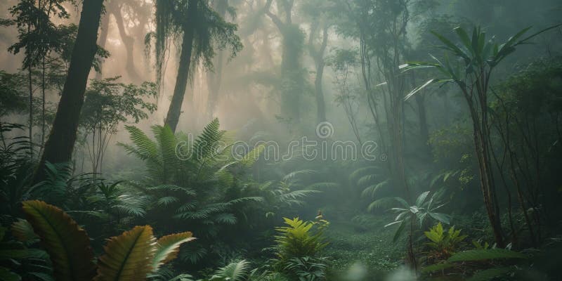 Misty Jungle Scene with Lush Greenery and Soft Lighting Stock Image ...