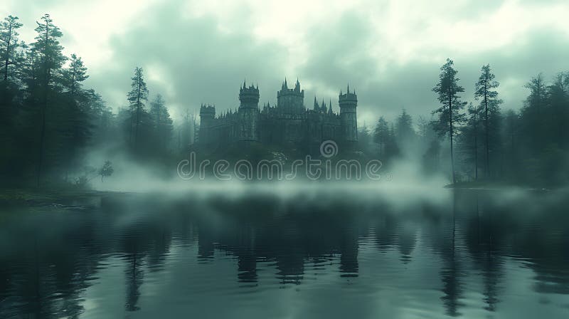 Misty Lake Castle Fantasy Landscape Stock Illustration - Illustration ...
