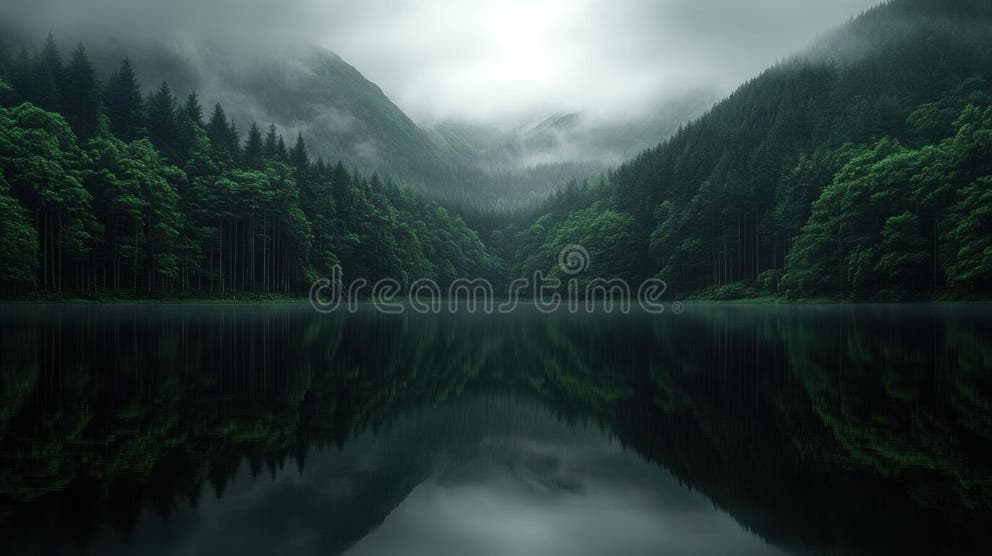 Misty Lake, Green Forest Reflection Stock Photo - Image of serene, mountains: 366578542