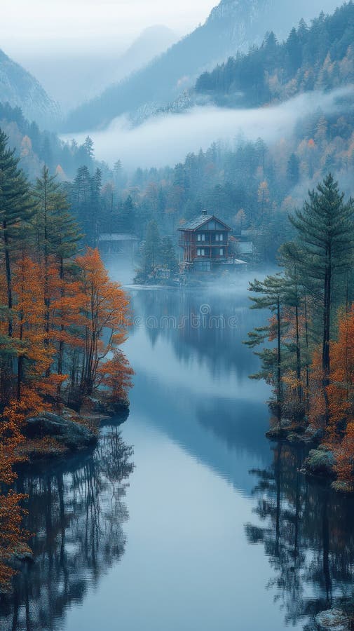 Misty Lake House in the Forest - a Realistic Landscape Image Stock ...