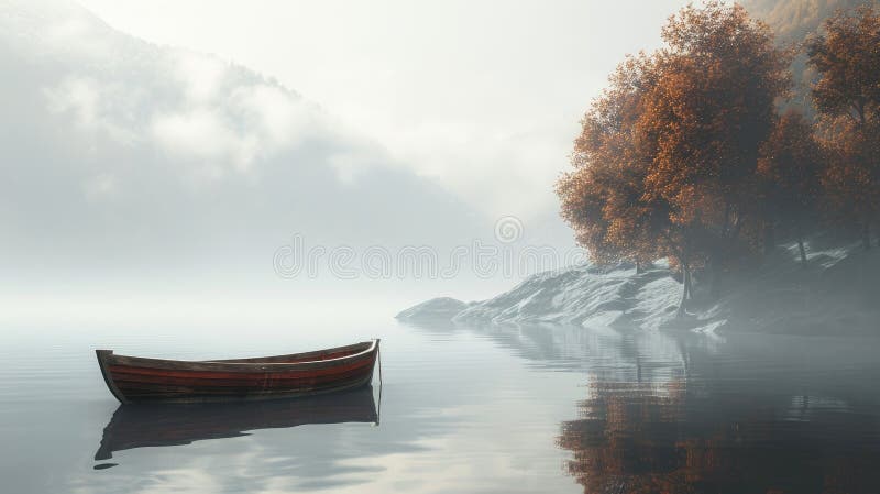 Misty Lake Landscape with Boat and Mountains. Stock Photo - Image of ...