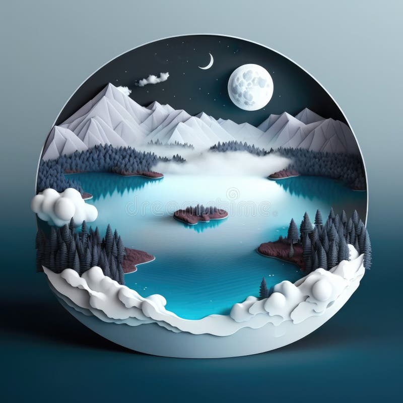 Misty Lake and Silver Moon, Isometric Low Poly View AI Generation Stock ...
