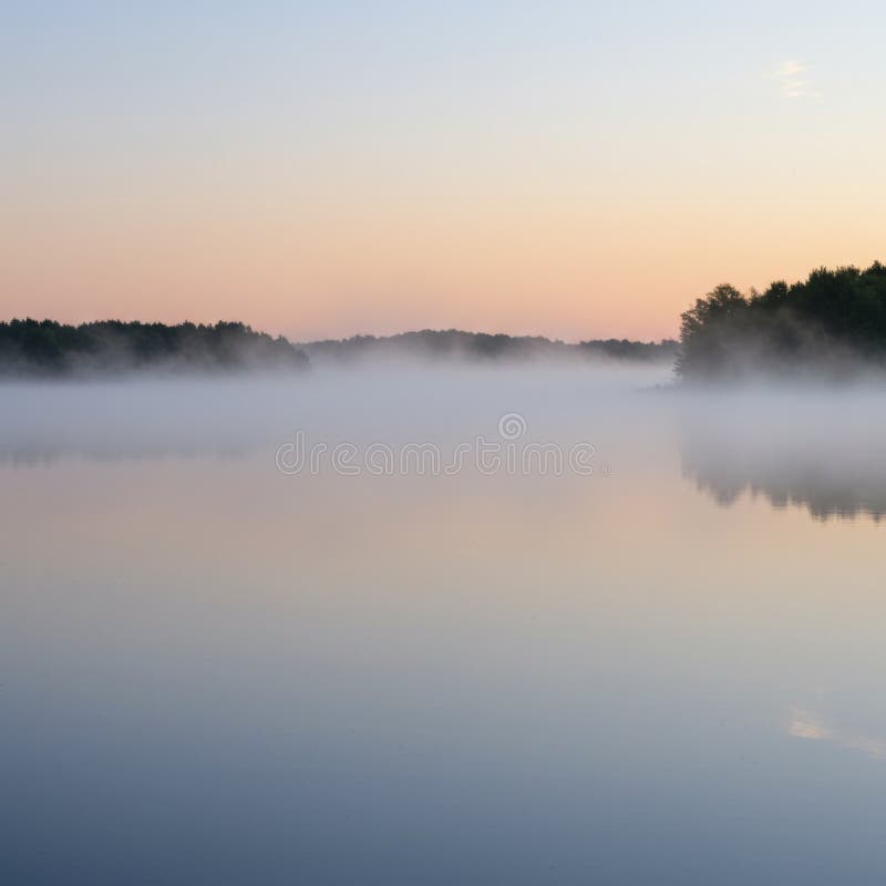 Misty Lake at Sunrise Soft Pastel Colors Stock Illustration ...