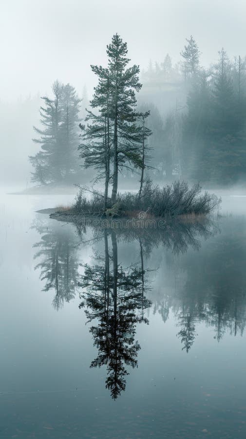 Misty Lake with Trees Reflection Stock Image - Image of calm, still ...