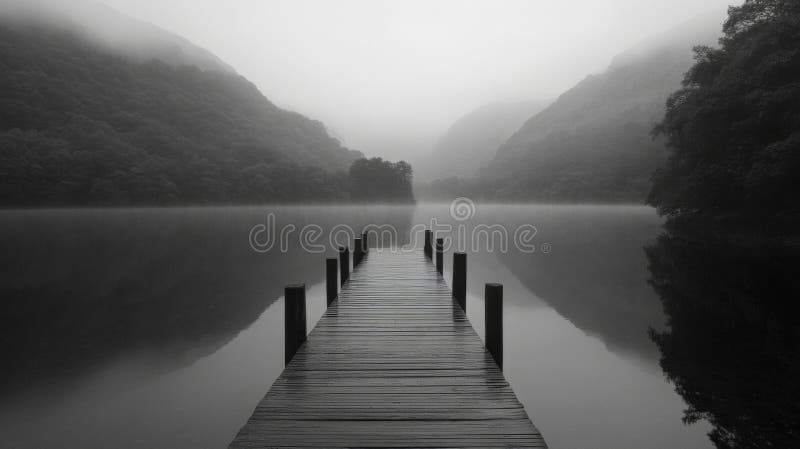 Misty Lake with Wooden Dock and Mountain View Stock Illustration ...