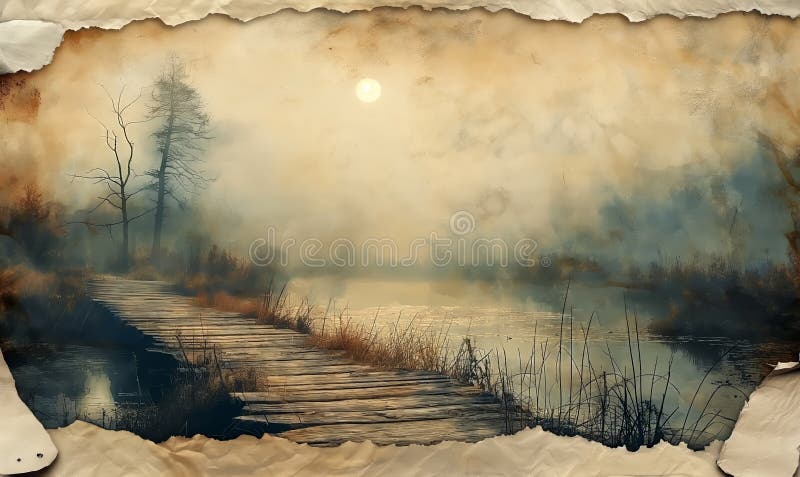 Misty Lakeside Path at Dawn. Stock Photo - Image of wooden, scenery ...