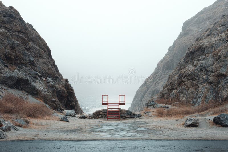 Misty Landscape with a Striking Red Structure Nestled between Rocky ...