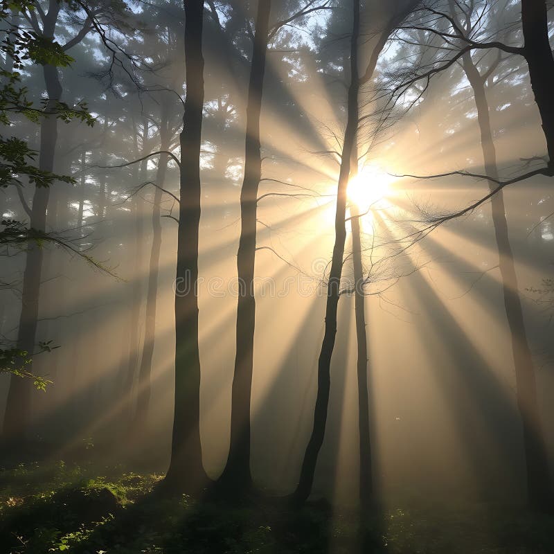 Misty Light in Ancient Forest Stock Illustration - Illustration of ...