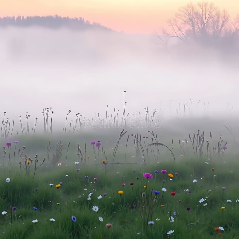 Misty Meadow with Flowers on a Spring Morning Stock Illustration ...