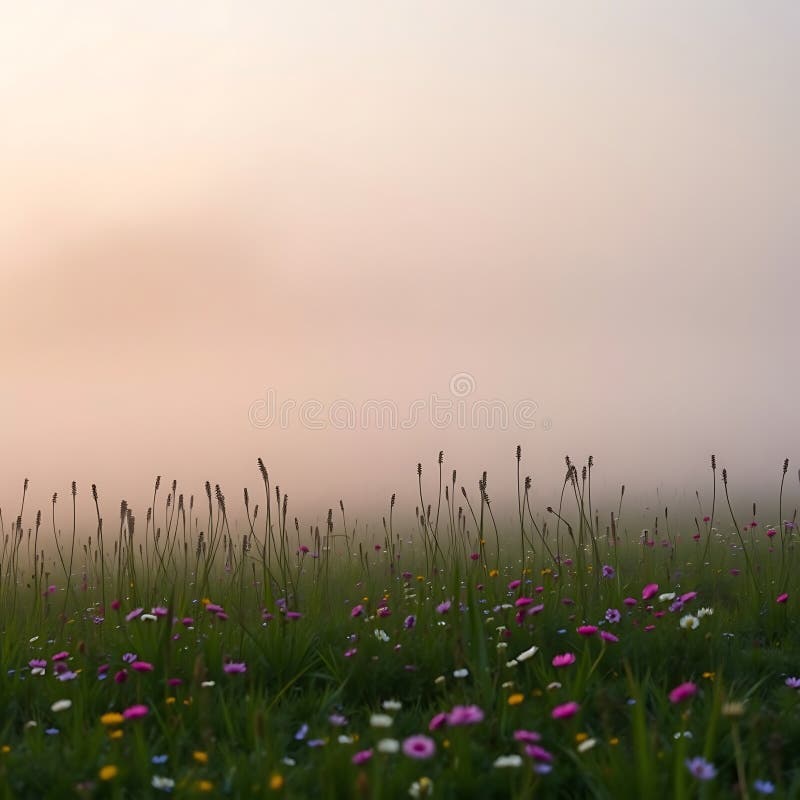 Misty Meadow with Flowers on a Spring Morning Stock Illustration ...