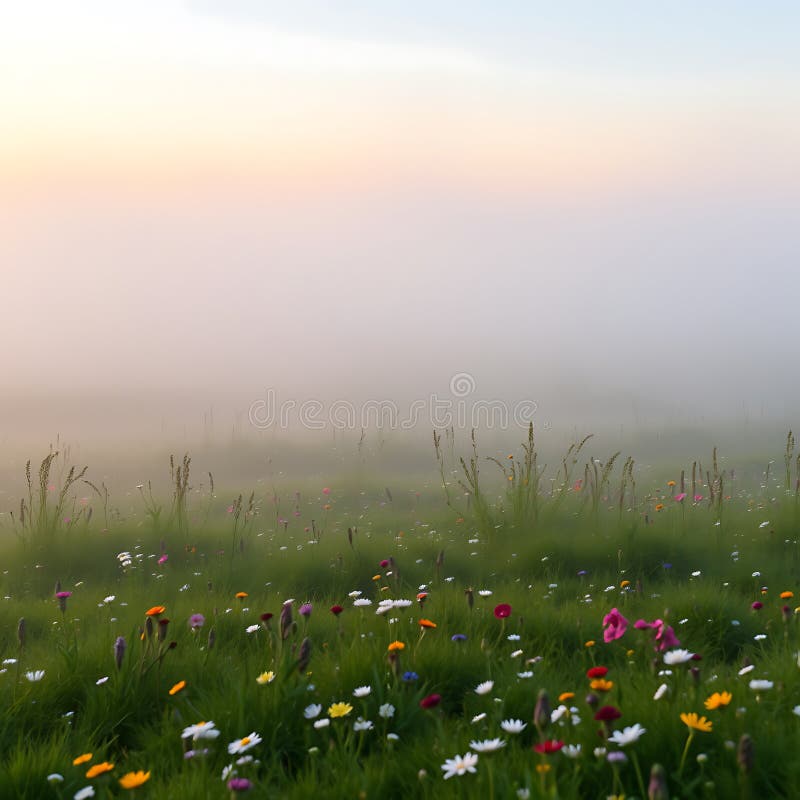 Misty Meadow with Flowers on a Spring Morning Stock Illustration ...