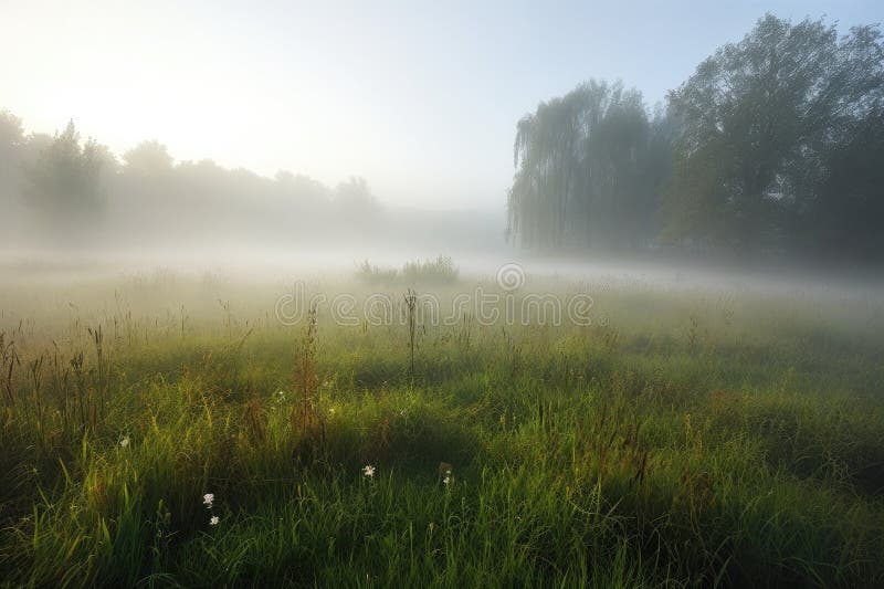 Misty Meadow with Fog Rolling Over the Grass and Dew on the Ground ...