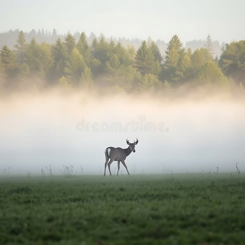 Misty Meadow with Grazing Deer Stock Illustration - Illustration of ...