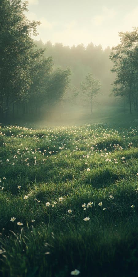 Misty Meadow: a Serene Forest Scene Stock Illustration - Illustration ...