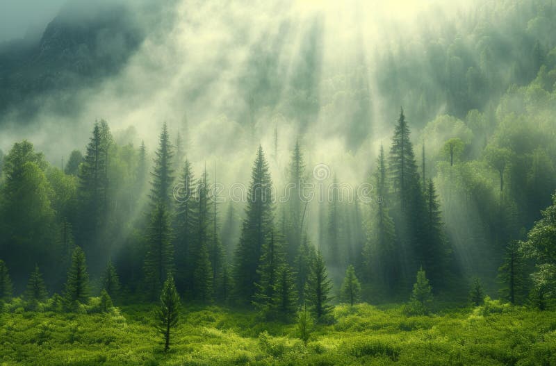 Misty Meadow with Trees and Grass in the Background Stock Image - Image ...