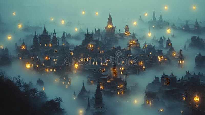 Misty Medieval Town at Night with Glowing Lights Stock Photo - Image of ...