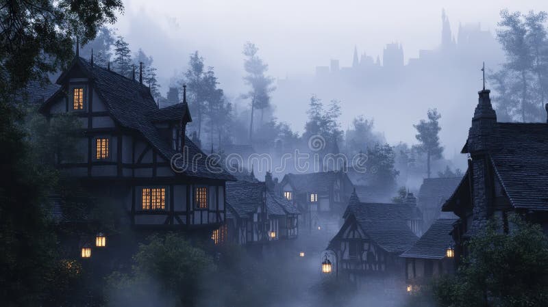 A Misty Medieval Village at Dusk, with Glowing Windows and a Distant ...