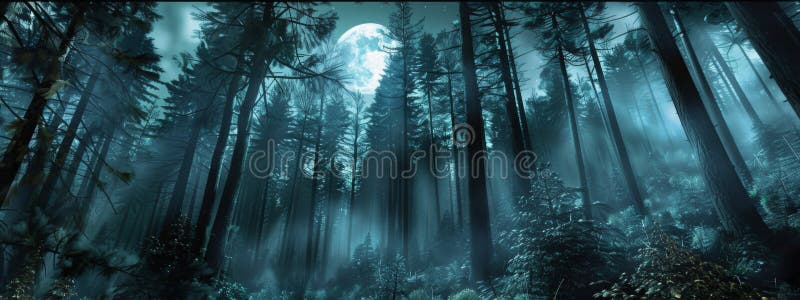 Moonlit Forest Scene at Night with Mist Stock Image - Image of natural ...