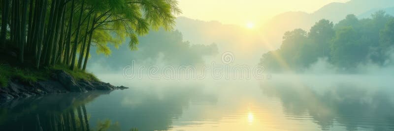 Misty Morning, Bamboo Shadows on Still Lake Surface , Mist, Japan Stock ...
