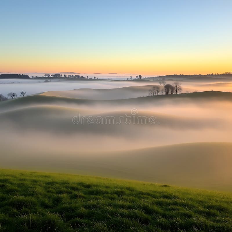 Misty Morning Covering Rolling Fields Stock Illustration - Illustration ...