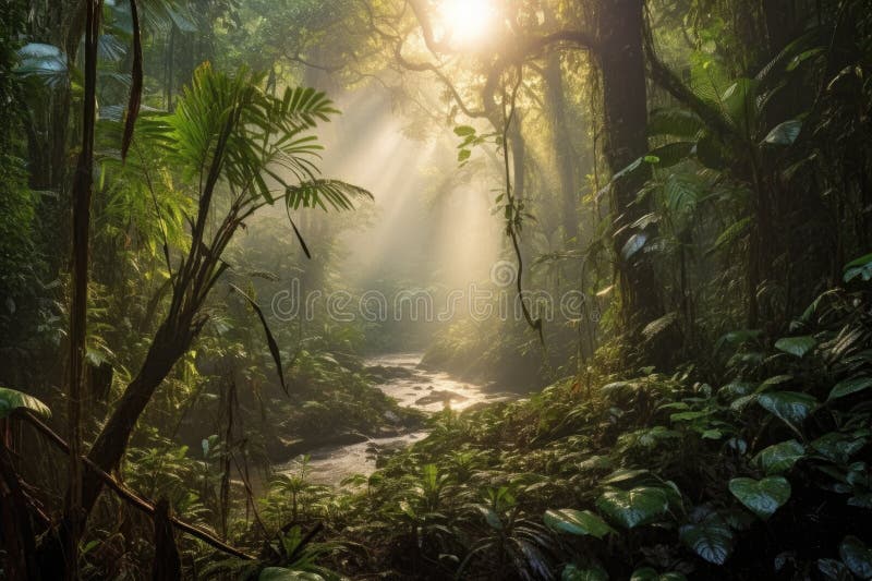 Misty Morning in Dense Rainforest with Sun Rays Peeking through Stock ...