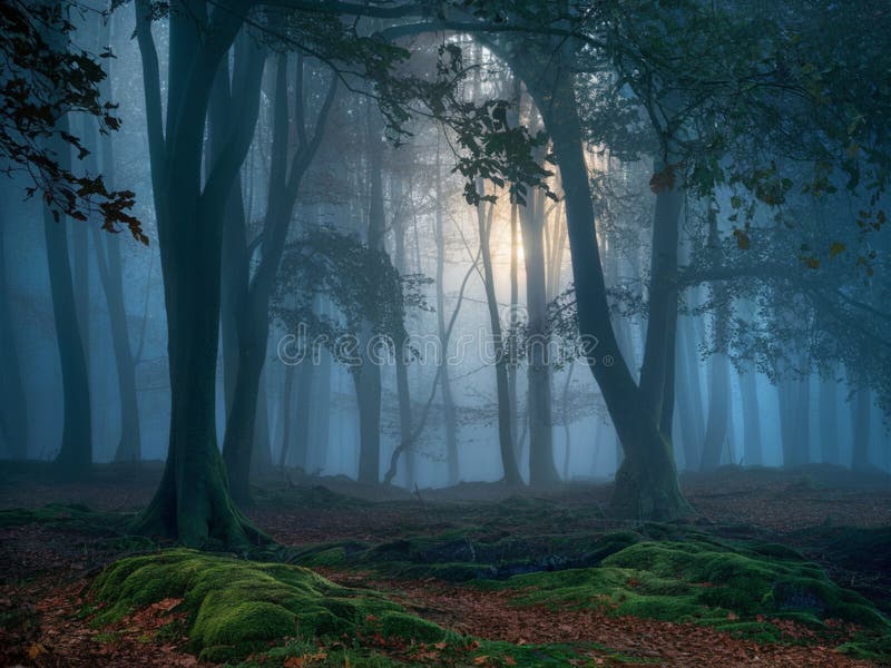 Misty Morning Enchanted Forest View Stock Illustration - Illustration ...