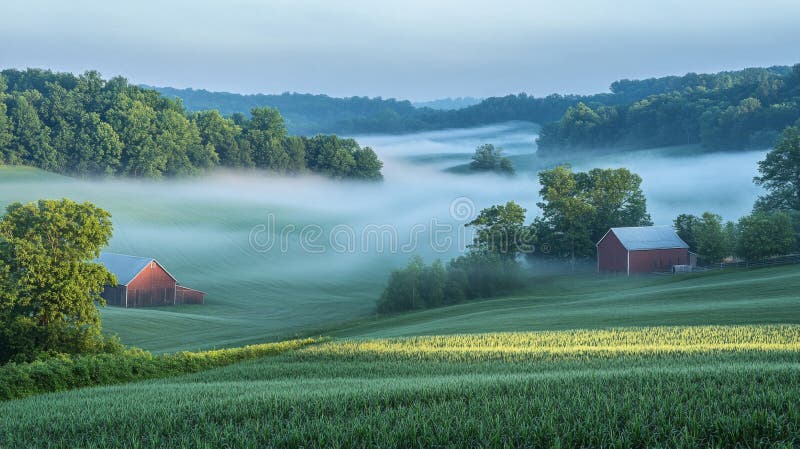 Misty Morning Farm Scene with Red Barns Stock Illustration ...