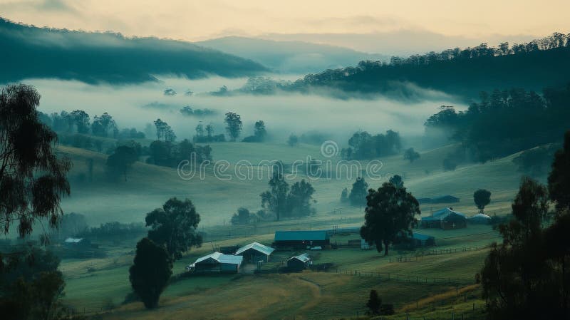 Misty Morning Farm Valley Scenic Landscape View Stock Illustration ...