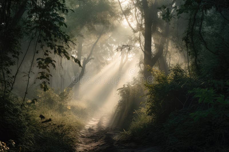 A Misty Morning in the Forest, with Light Filtering through the Trees ...
