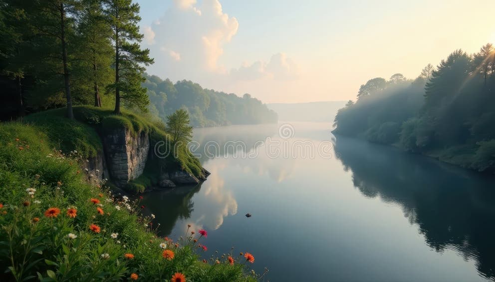 Misty Morning, German River, Stone Vantage Point , Spring, Mist Stock ...