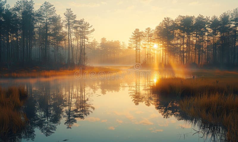 Misty Morning on the Lake. a Serene Morning Scene of the Marsh Stock ...