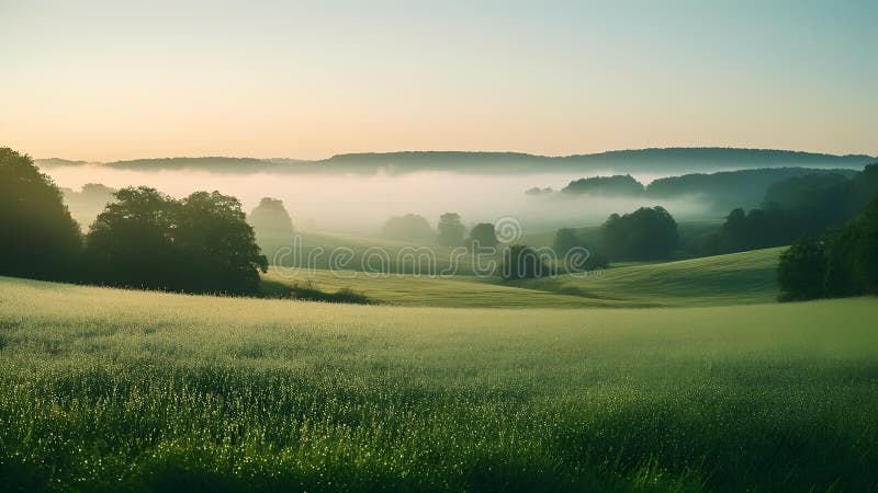 Misty Morning Landscape with Green Fields - Generated Using Ai Stock ...