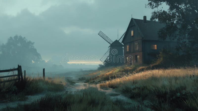 Misty Morning Landscape with Old Windmill and House Stock Photo - Image ...