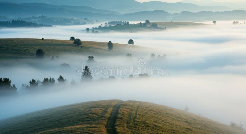 Misty Morning Landscape with Rolling Hills and Fog Stock Illustration ...