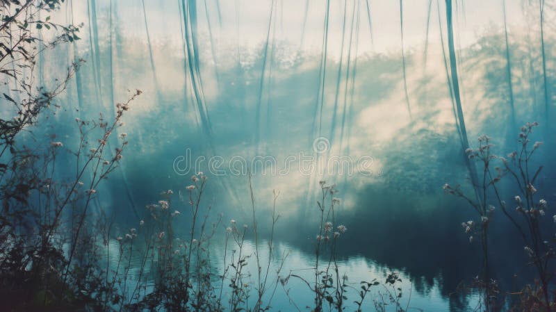 Misty Morning Landscape with Tranquil Water Reflection Stock ...