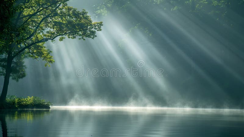 Misty Morning Light Dances on the Peaceful Lake Surrounded by Lush ...