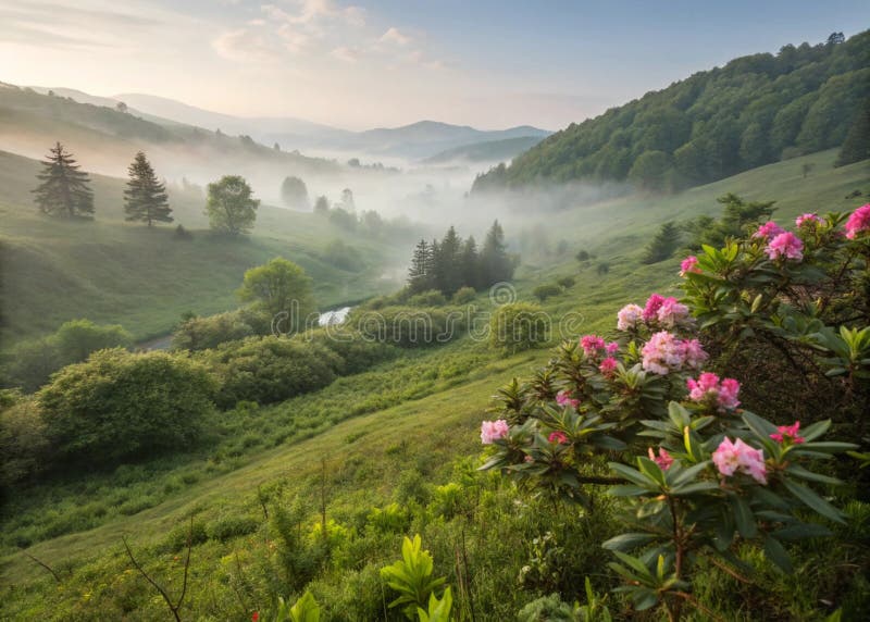 A Misty Morning in a Lush Green Valley with Fresh Dew Stock Photo ...