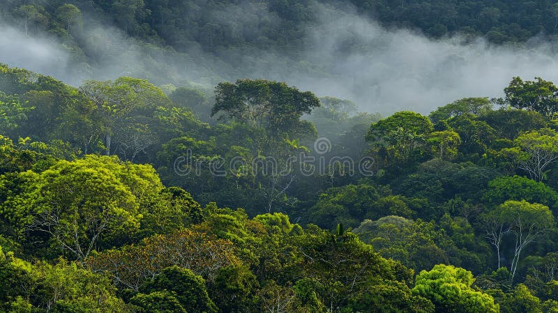 Misty Morning in a Lush Rainforest with Dense Foliage and a Layer of ...
