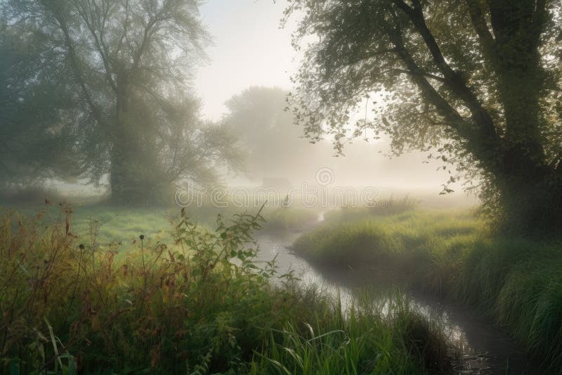 Misty Morning Meadow with a Stream and Birdsong Stock Photo - Image of ...