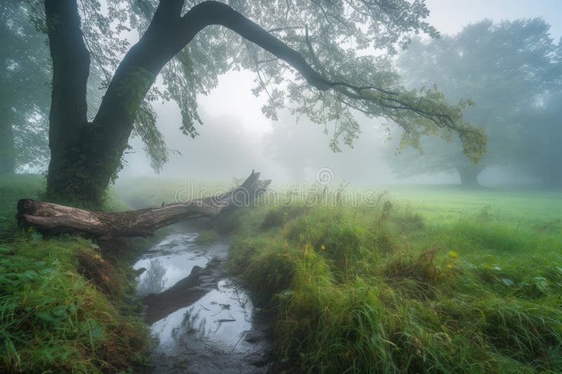 Misty Morning Meadows with a Stream and Fallen Tree Stock Illustration ...