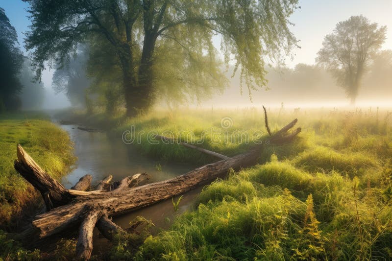 Misty Morning Meadows with a Stream and Fallen Tree Stock Illustration ...