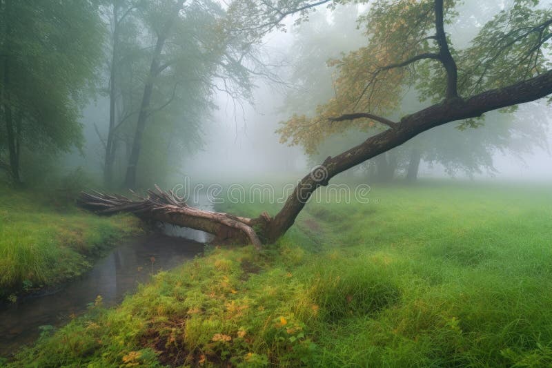 Misty Morning Meadows with a Stream and Fallen Tree Stock Image - Image ...