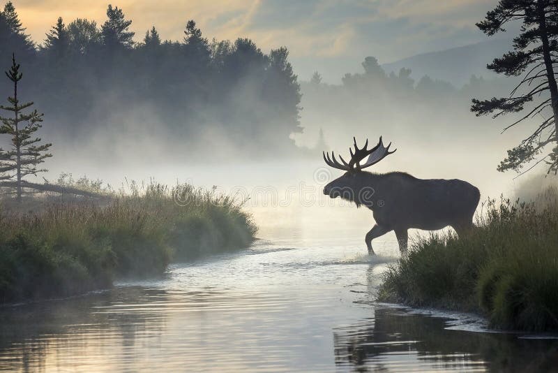 Misty Morning Moose Crossing River Stock Illustration - Illustration of ...